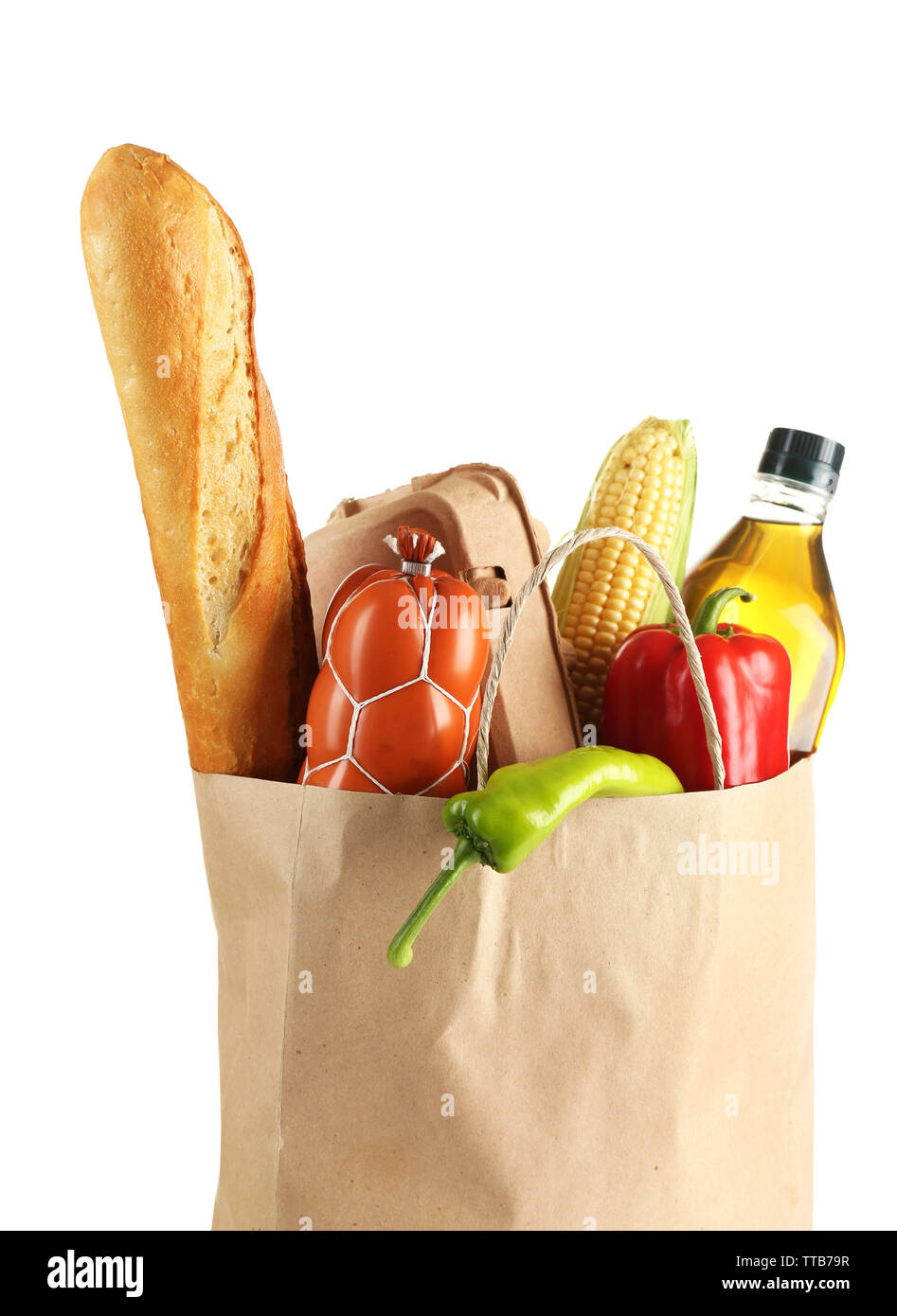 Paper bag with food isolated on white Stock Photo - Alamy