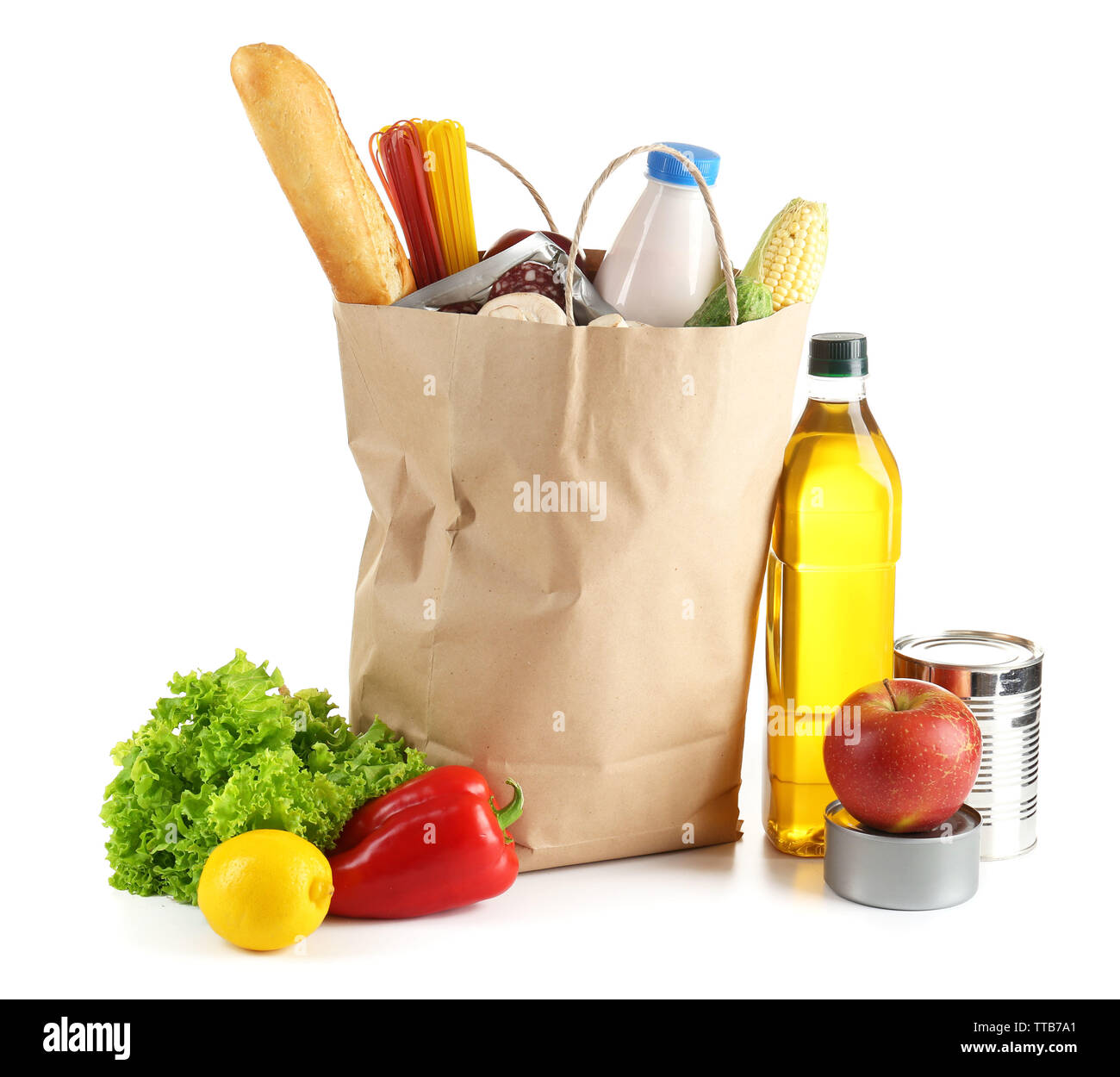 Paper bag with food isolated on white Stock Photo - Alamy