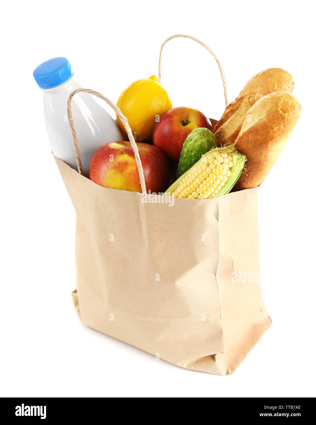 Paper bag with food isolated on white Stock Photo - Alamy