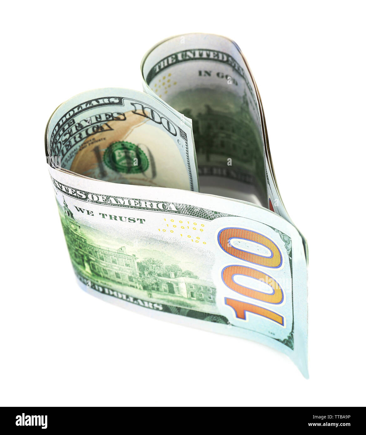 Money in form of heart isolated on white Stock Photo - Alamy