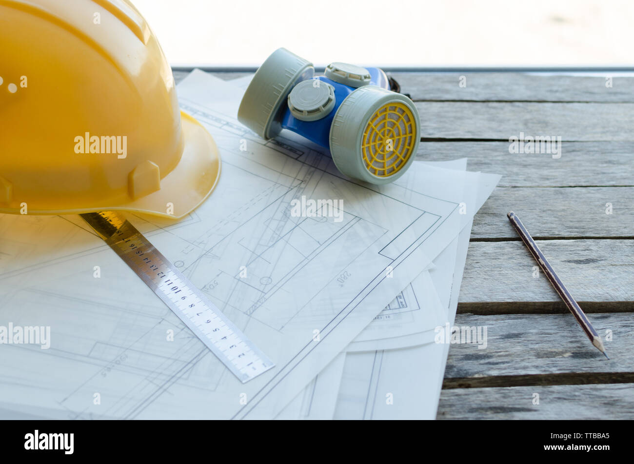 Engineering workplace, drawings, protective construction helmet and ...