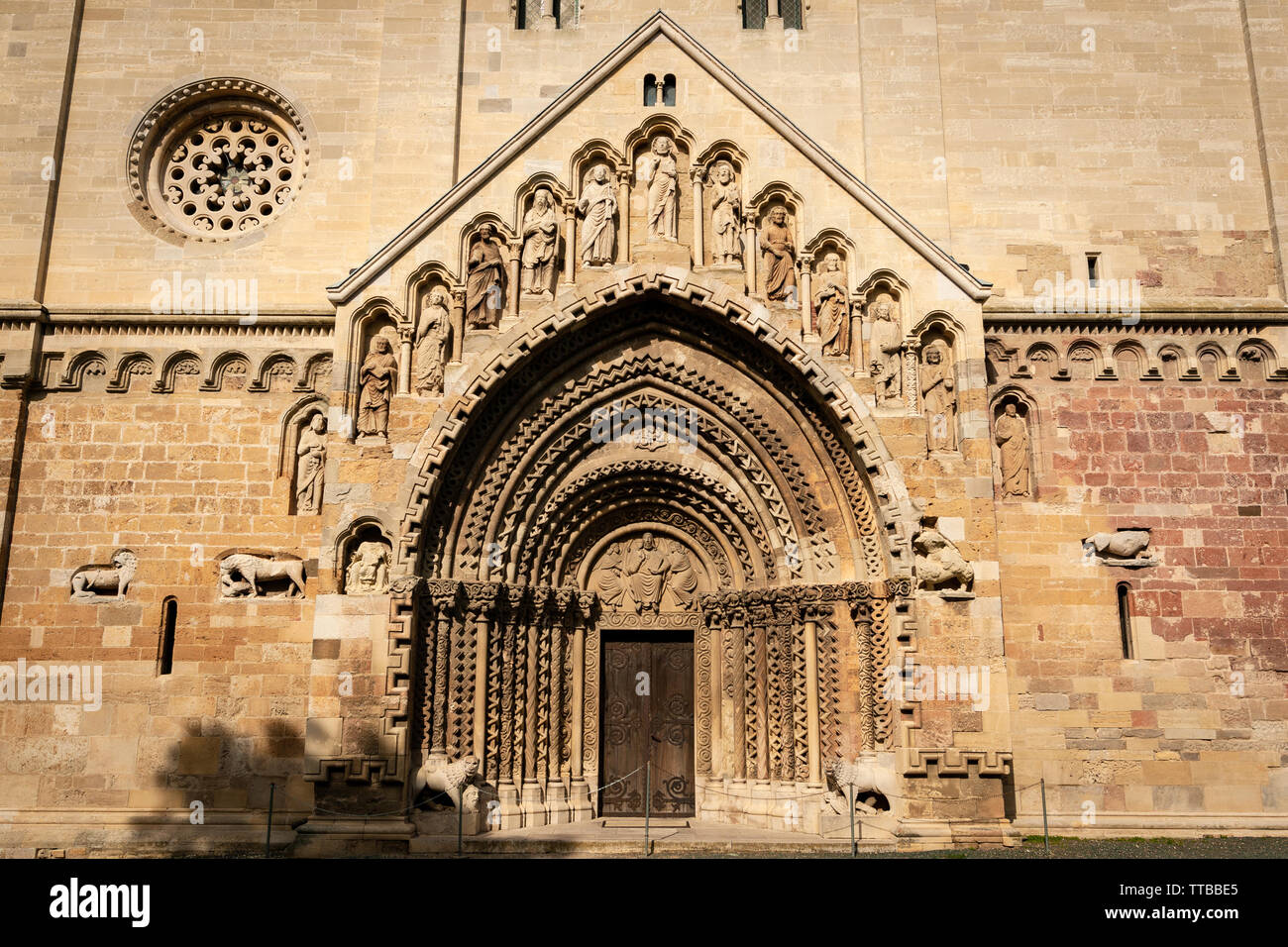 Famous entrance of Romanesque Church interior of Jak in Hungary Stock ...