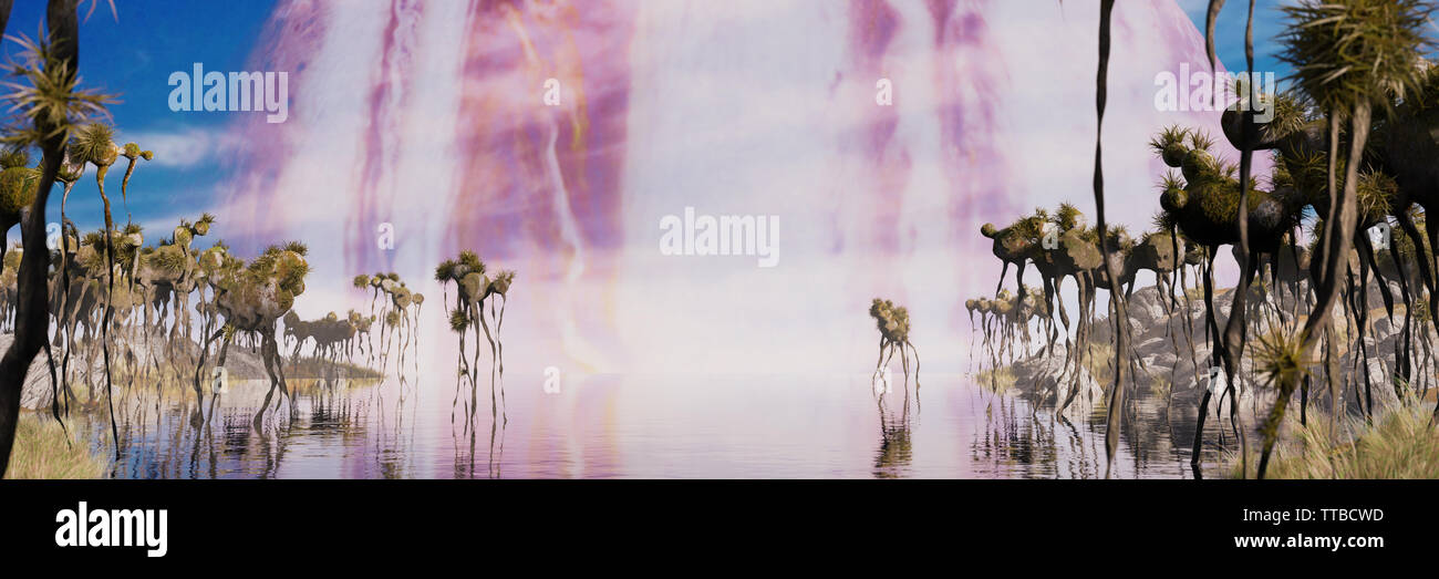 exoplanet landscape, alien world with strange plants and flying ...