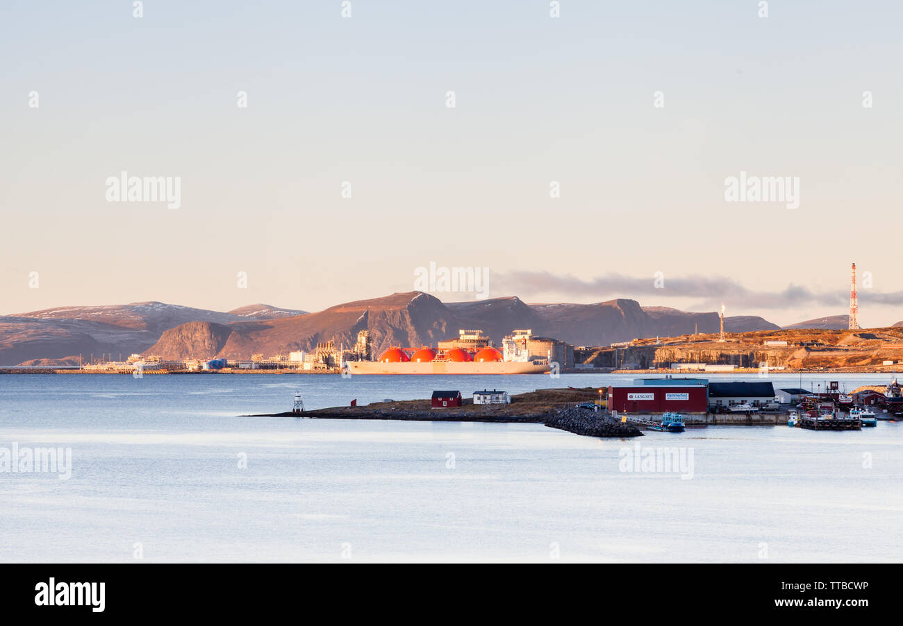 A liquefied natural gas plant on the island of Melkoya in Norway viewed ...