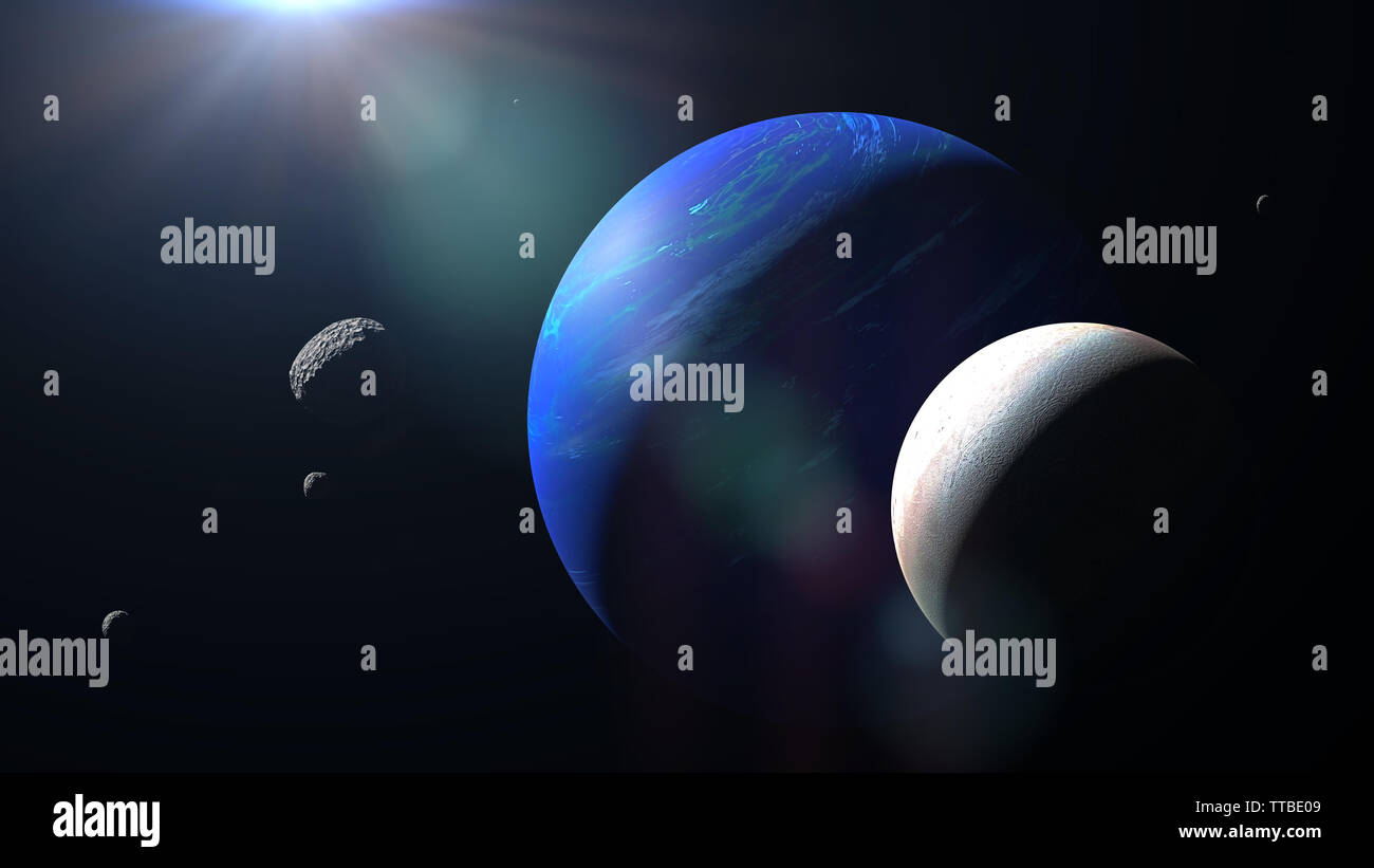 planet Neptune with its moon Triton and some other moons (3d space ...