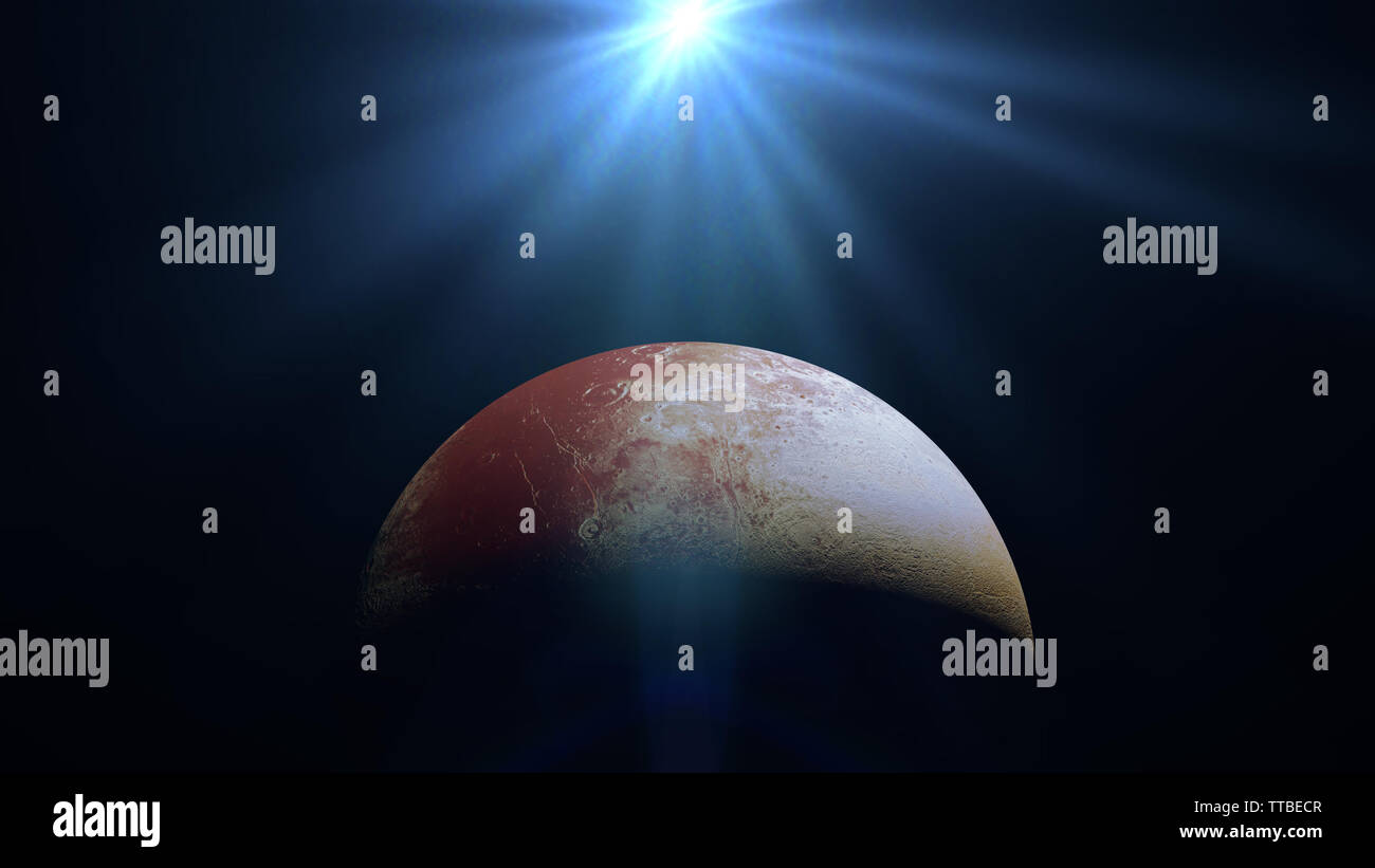 dwarf planet Pluto in deep space lit by the distant Sun, 3d render ...