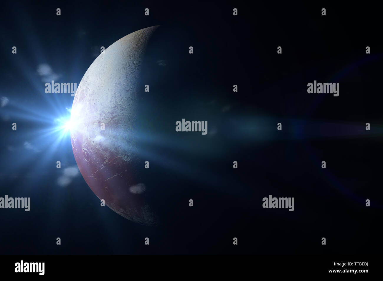 dwarf planet Pluto lit by the distant Sun, 3d rendering elements of ...