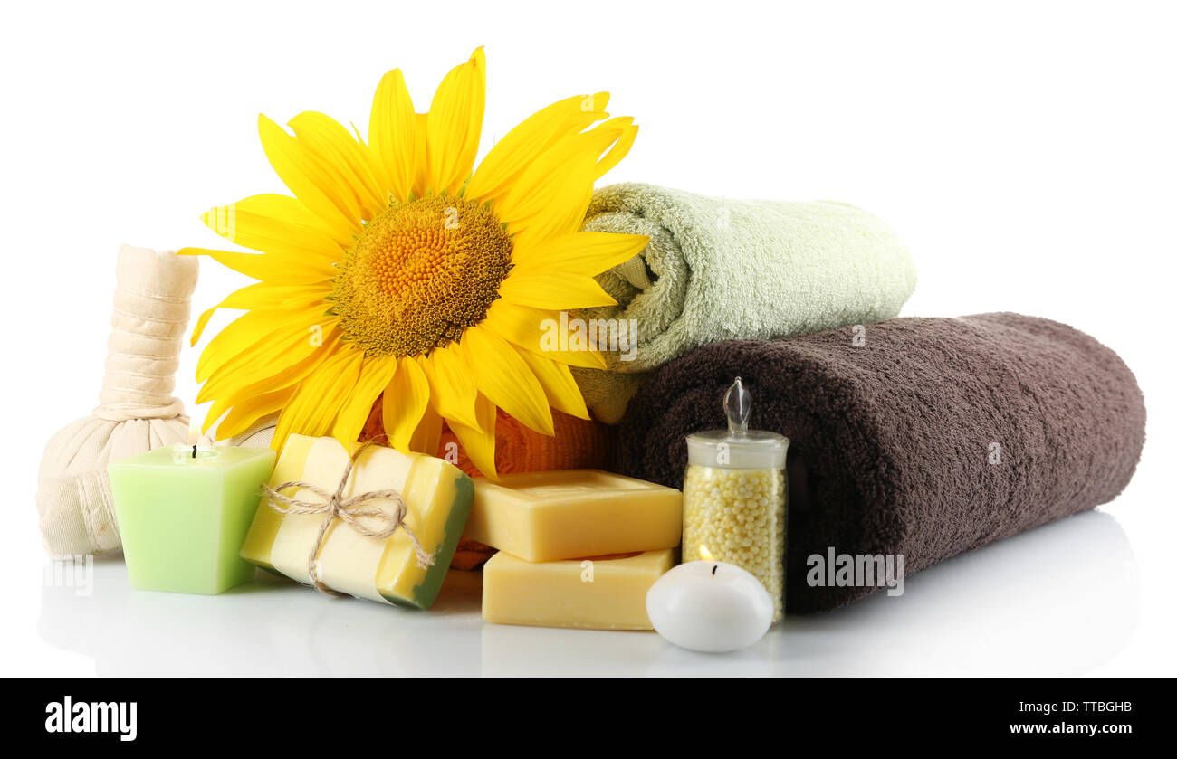 Spa treatments and flower isolated on white Stock Photo - Alamy