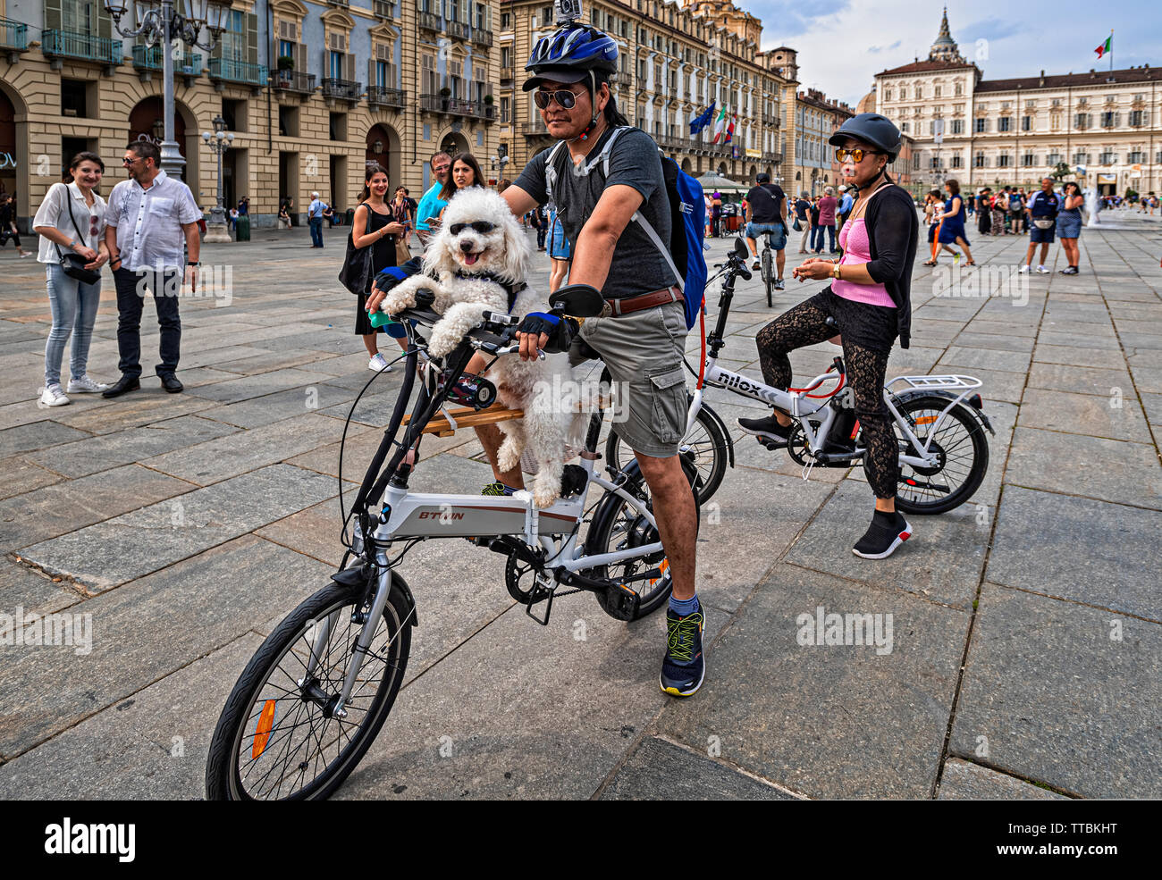 Italy Piedmont Turin Tourists in Piazza Castello with cycle and dog ...