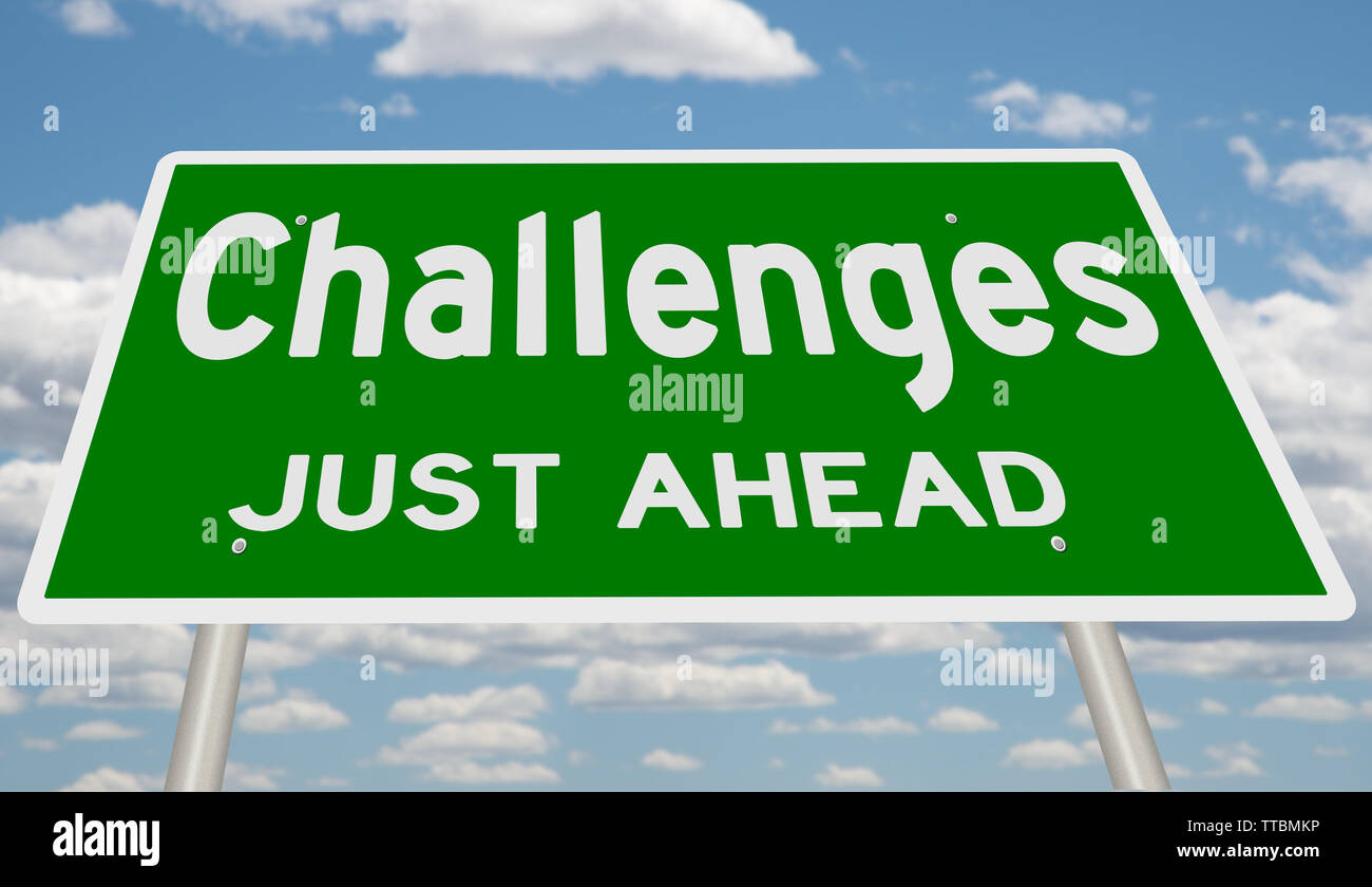 Rendering of a green highway sign for Challenges Stock Photo - Alamy