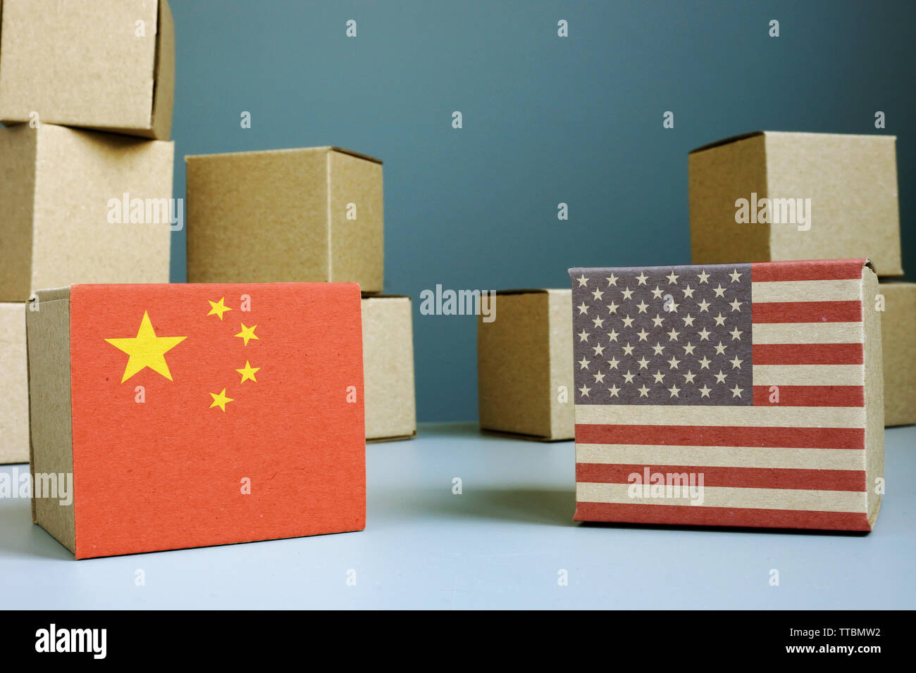 Trade war for balance between USA and China. Cardboard boxes Stock ...