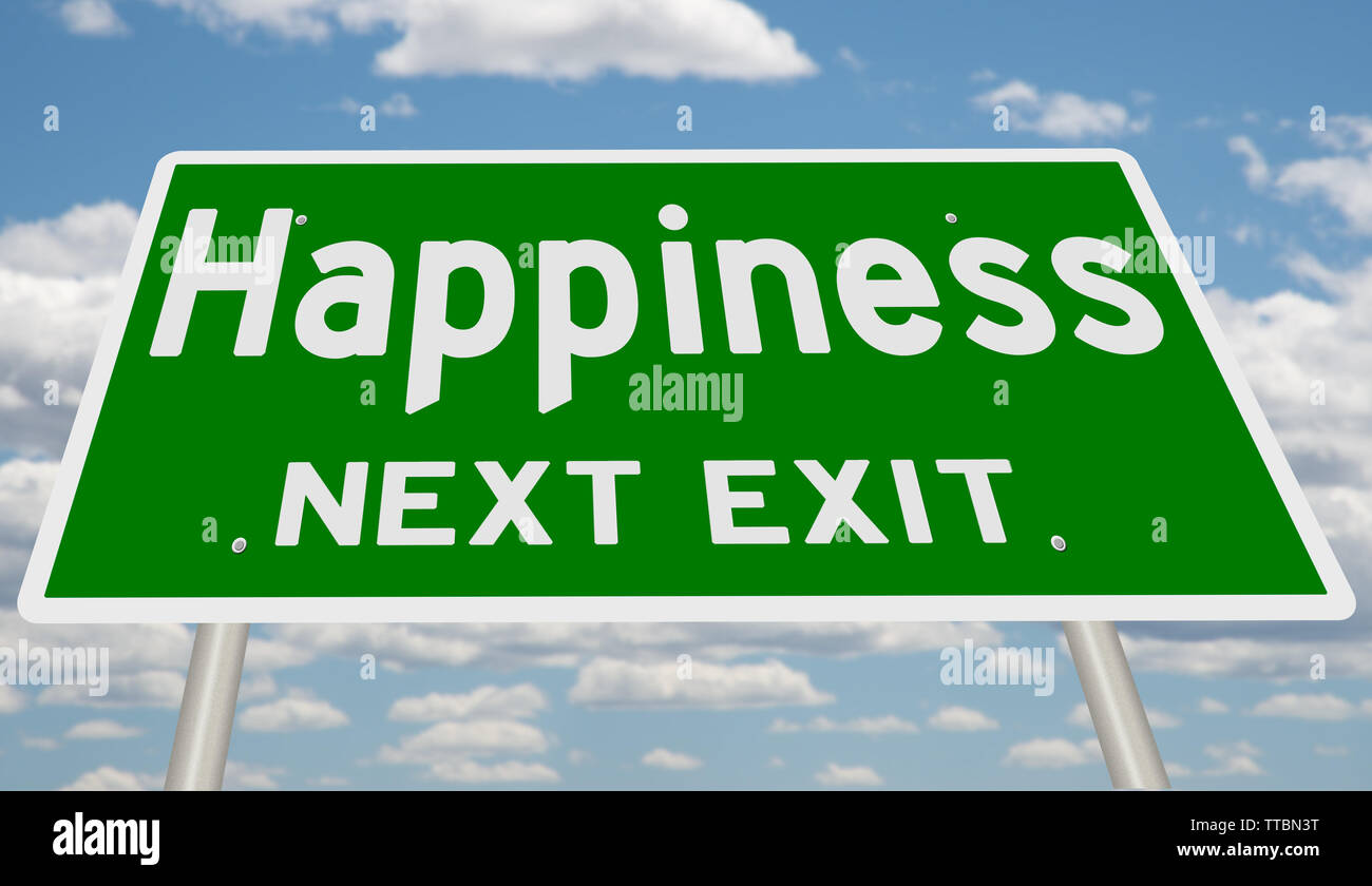 Rendering of a green highway sign for Happiness Stock Photo - Alamy