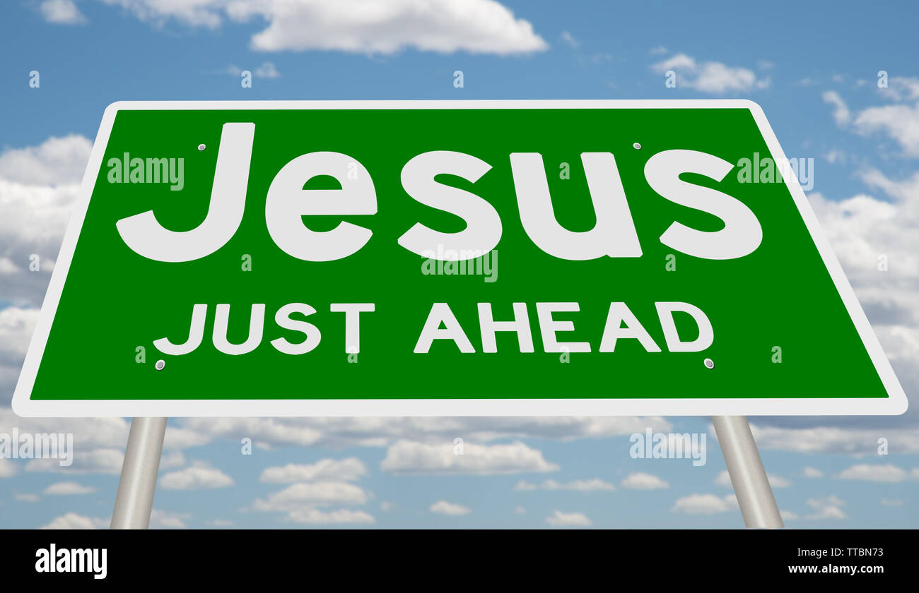 Rendering of a green highway sign for Jesus Stock Photo - Alamy