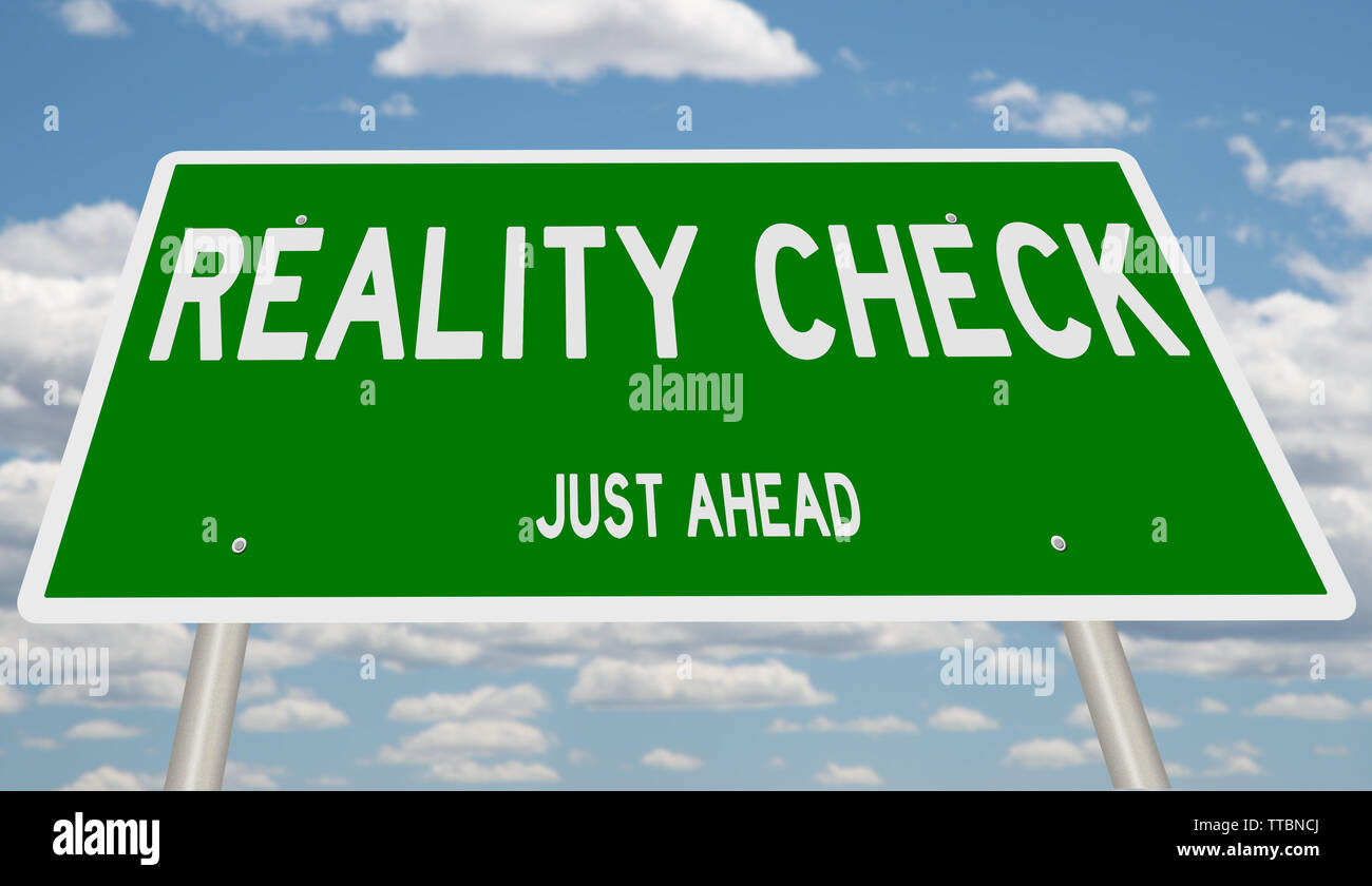 Rendering of a green highway sign for Reality Check Stock Photo - Alamy