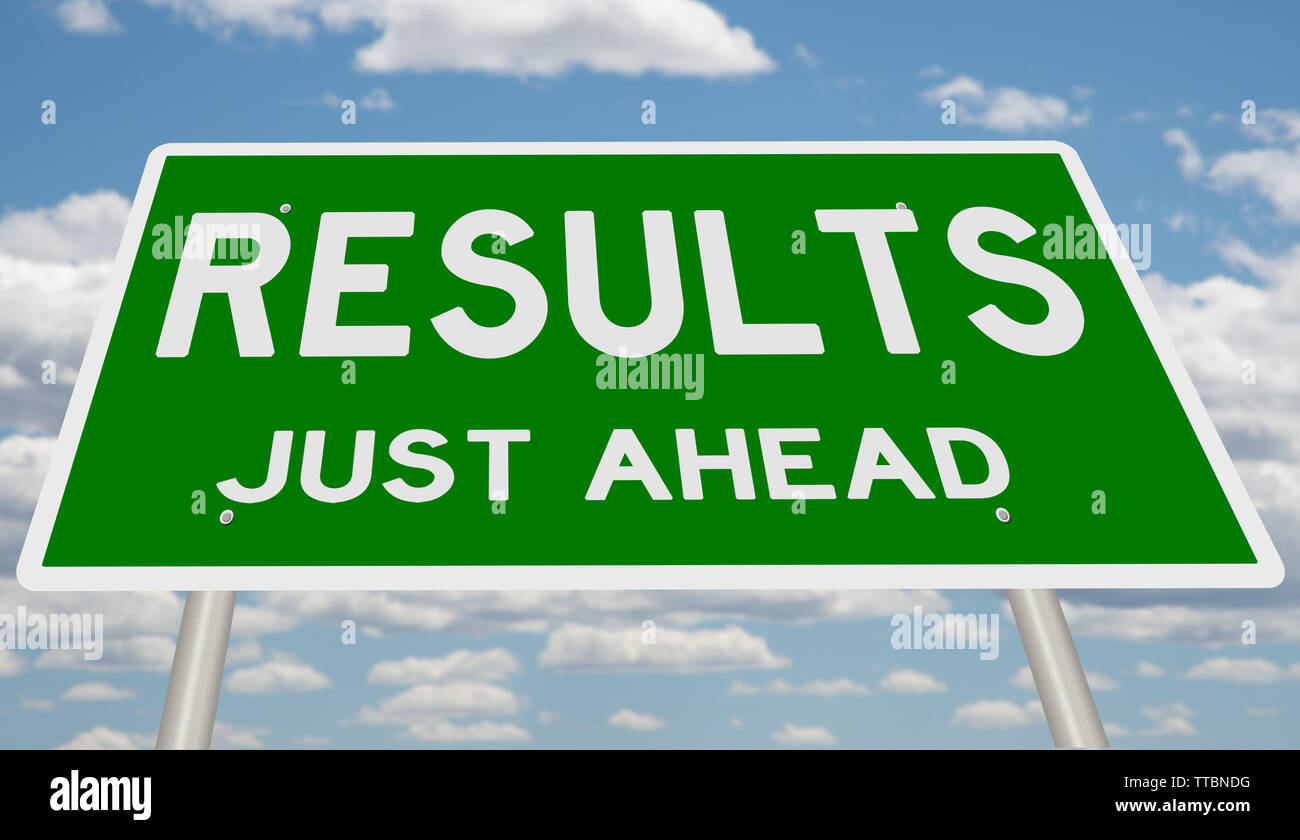 Rendering of a green highway sign for Results Stock Photo - Alamy