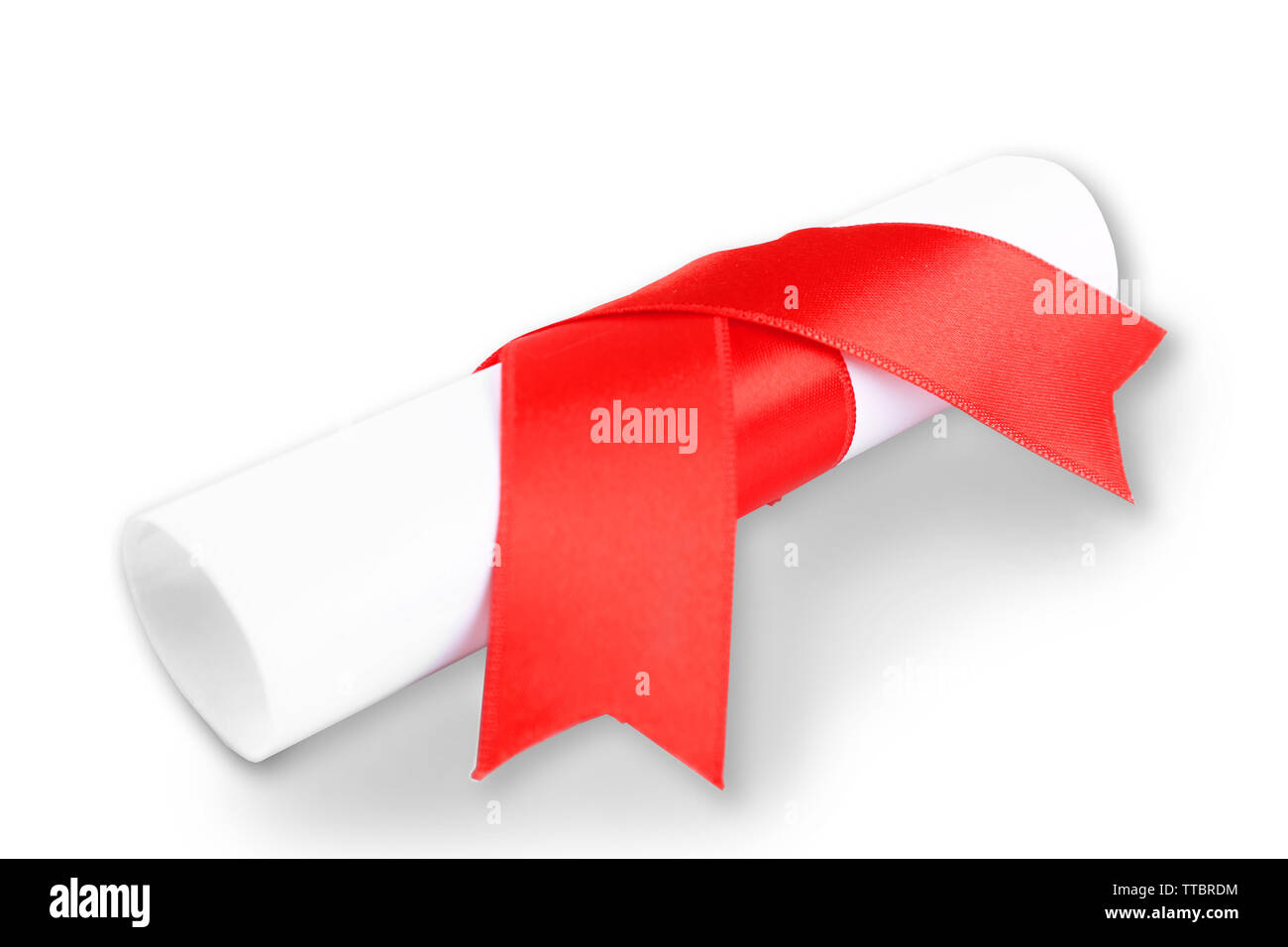 Rolled paper with red ribbon isolated on white Stock Photo - Alamy