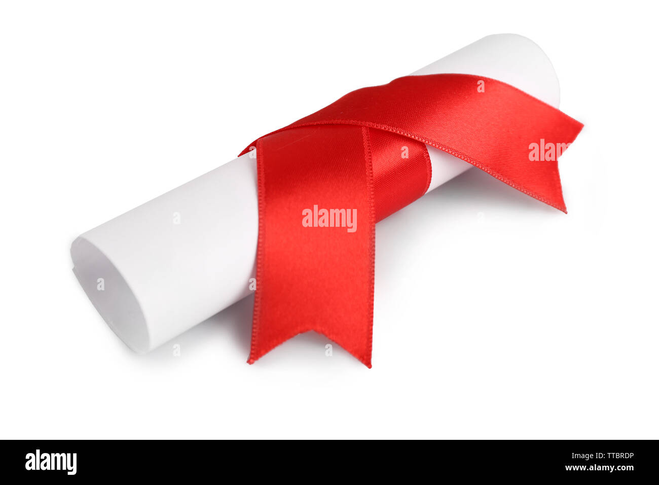 Rolled paper with red ribbon isolated on white Stock Photo - Alamy