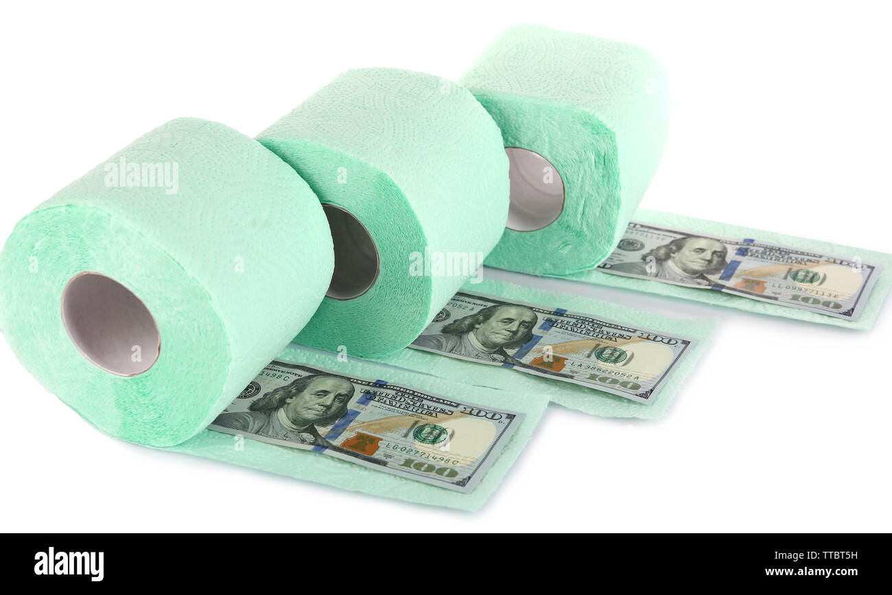 Light green rolls of toilet paper and dollar banknotes isolated on ...