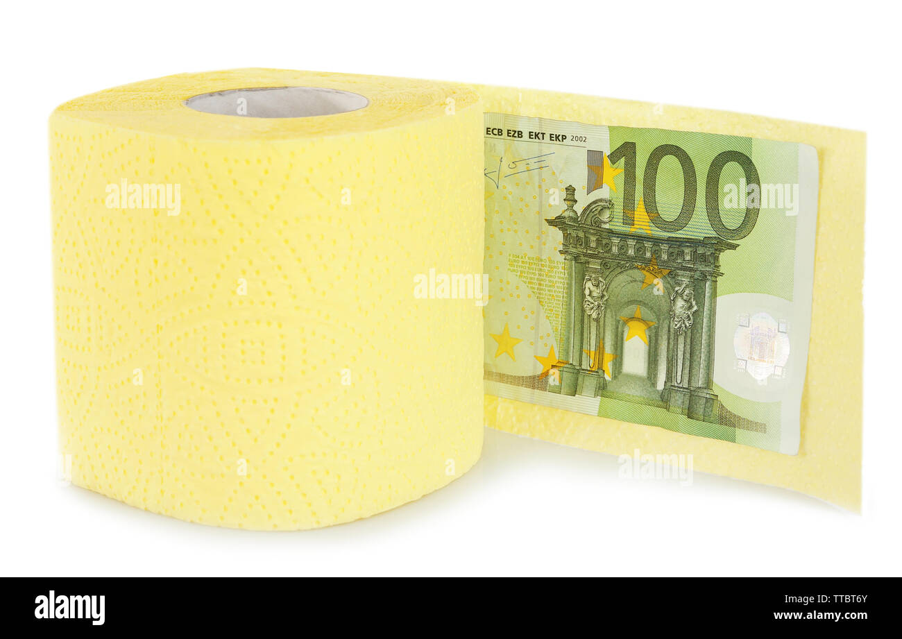 Roll of light yellow toilet paper and euro banknote isolated on white ...