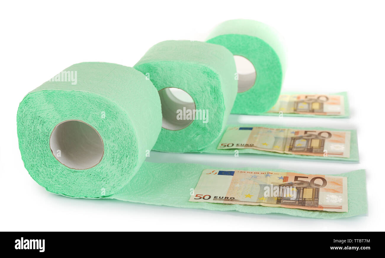 Light green rolls of toilet paper and Euro banknotes isolated on white ...