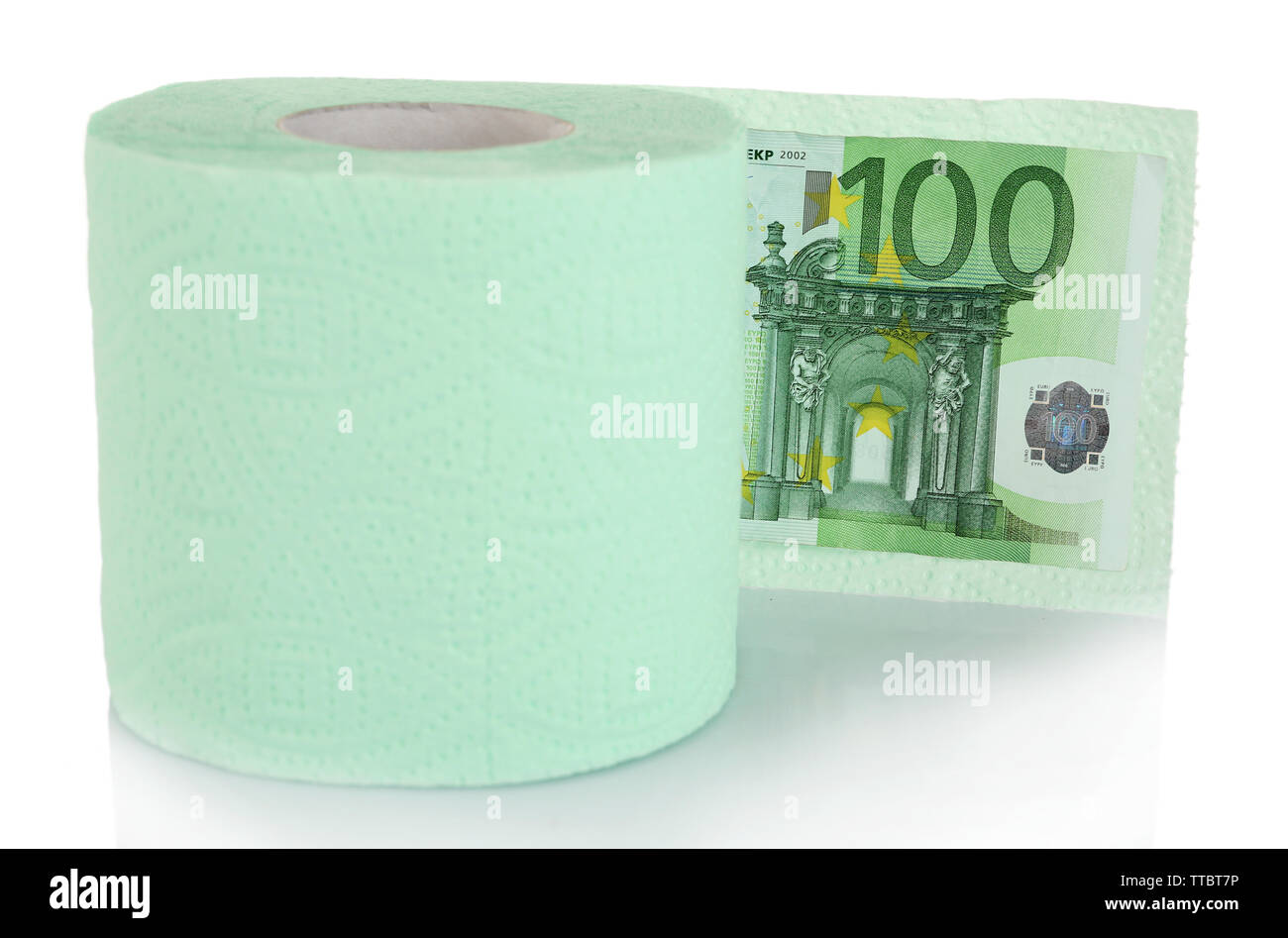 Light green roll of toilet paper and Euro banknote isolated on white ...