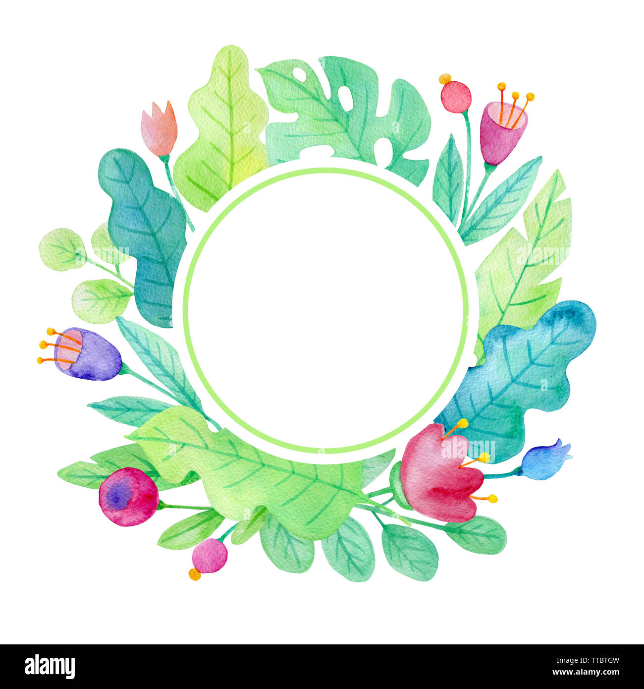 Watercolor floral frame with flowers and green leaves on a white ...