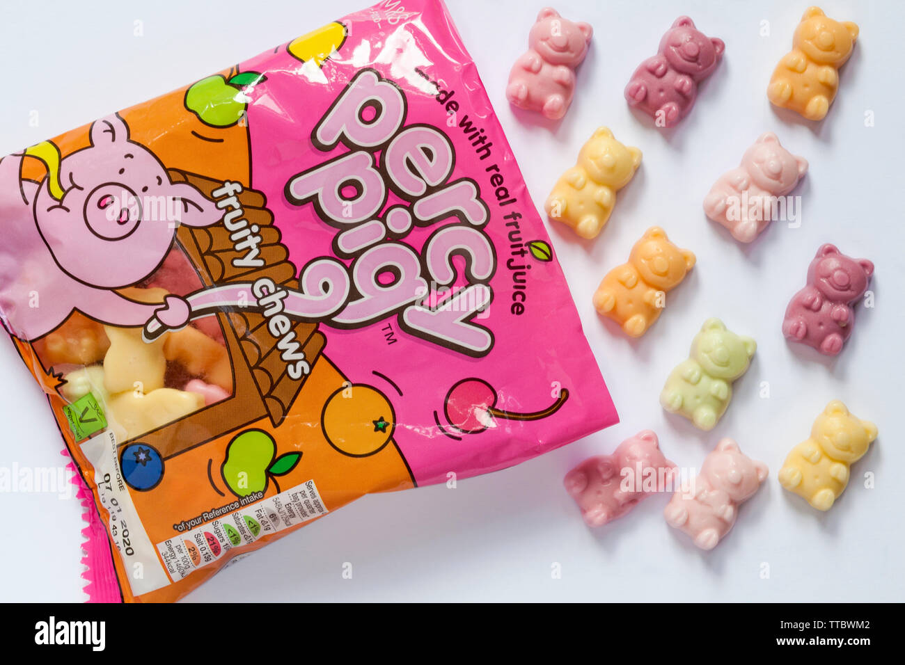 Bag of Marks & Spencer percy pig fruity chews sweets opened with ...