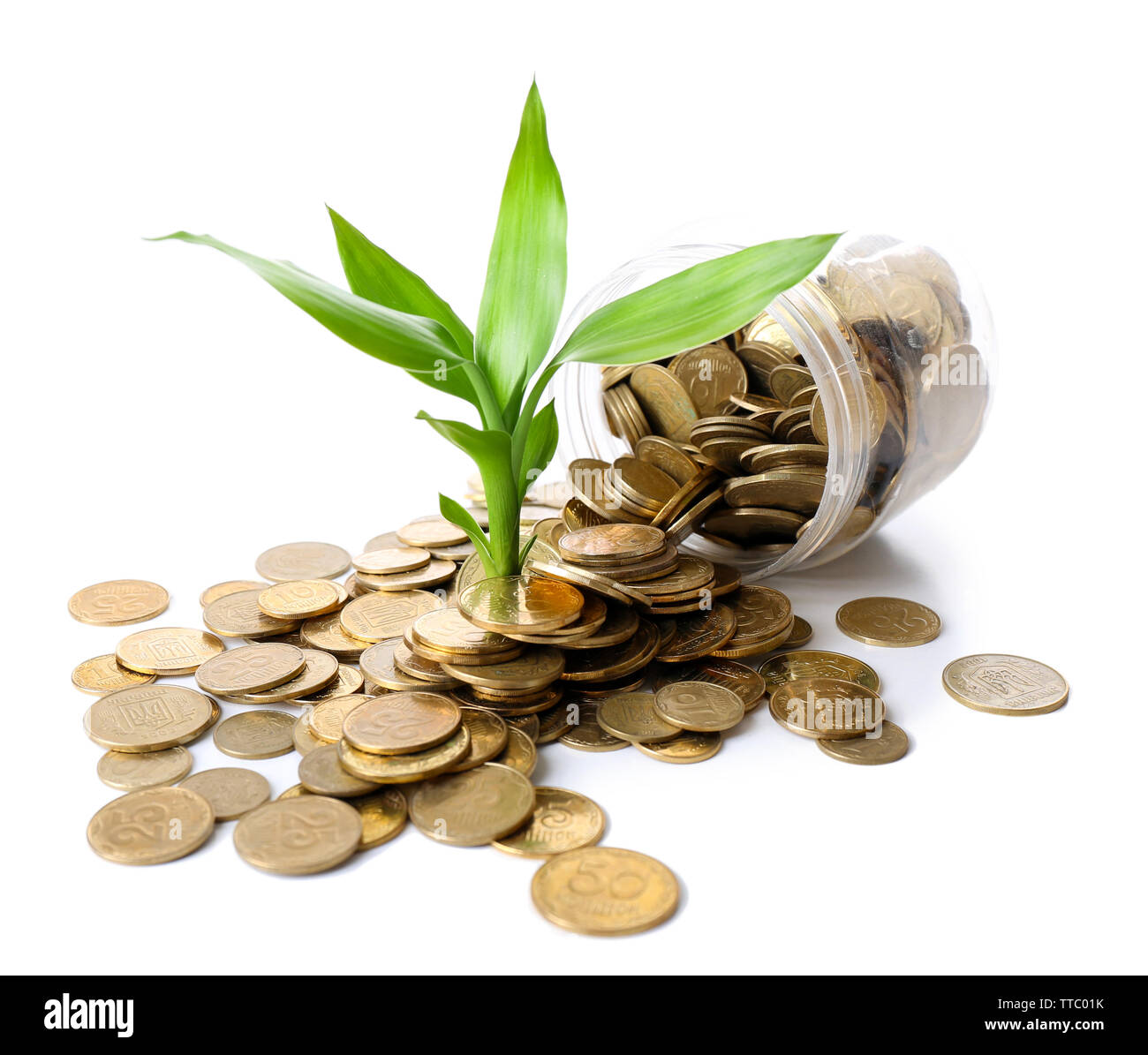 Plant growing in coins scattered from the bottle Stock Photo - Alamy