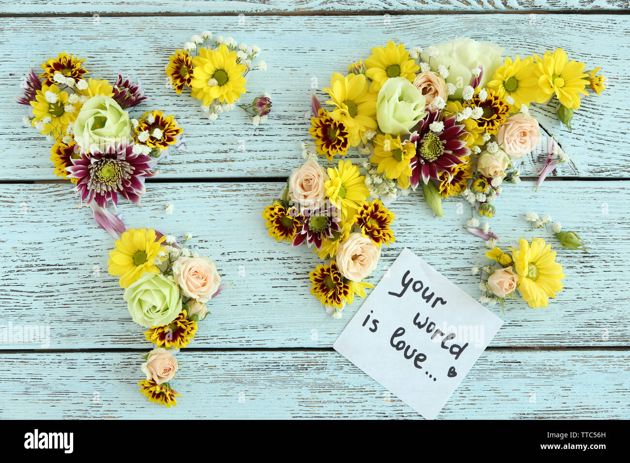 Map of world made from different kinds of flowers, close-up Stock Photo ...