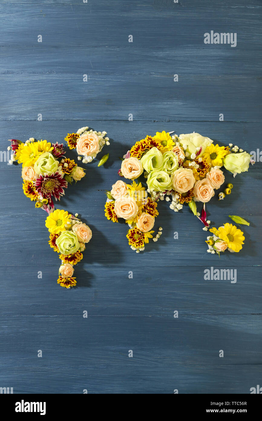 Map of world made from different kinds of flowers, close-up Stock Photo ...