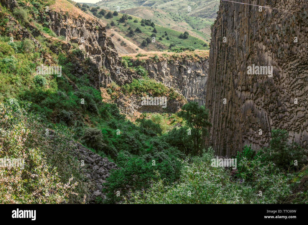 Beautiful summer views of the Garni gorge is covered with green bushes ...