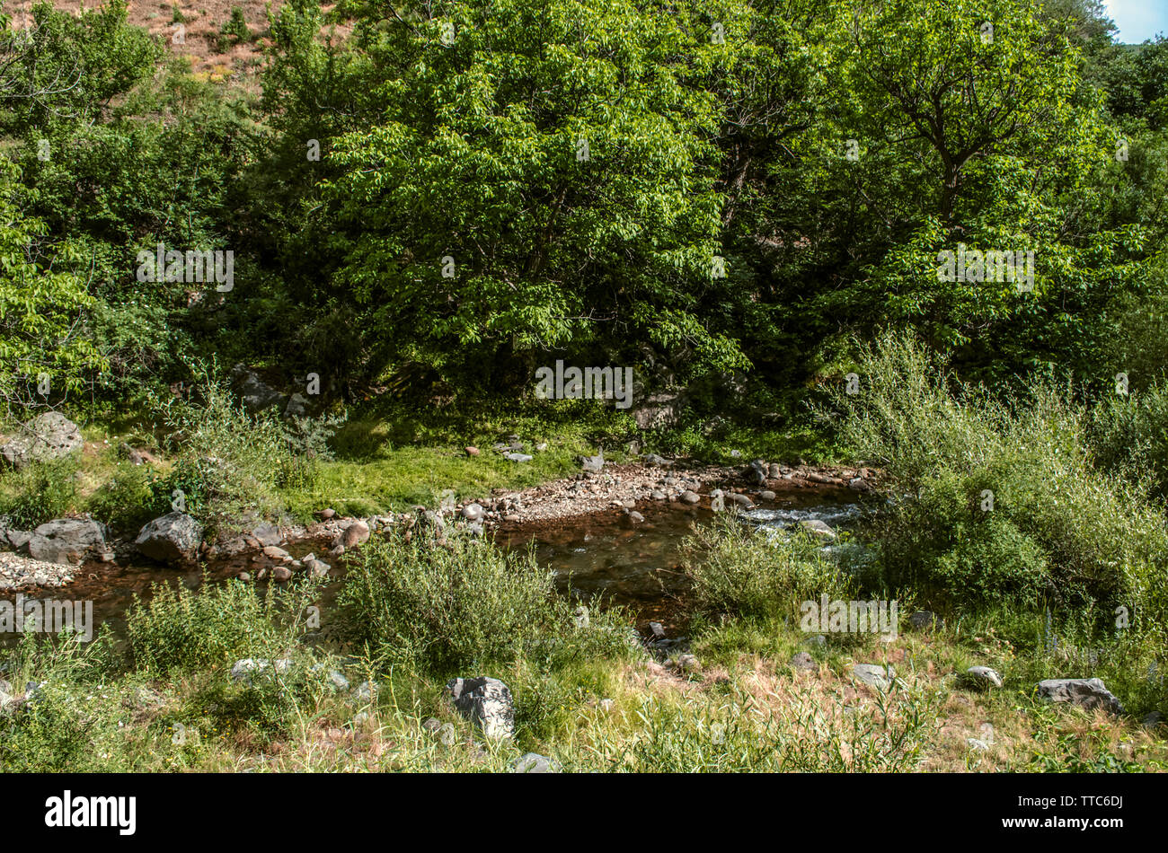 The Azat river, calm from the summer heat, with stones brought from the ...