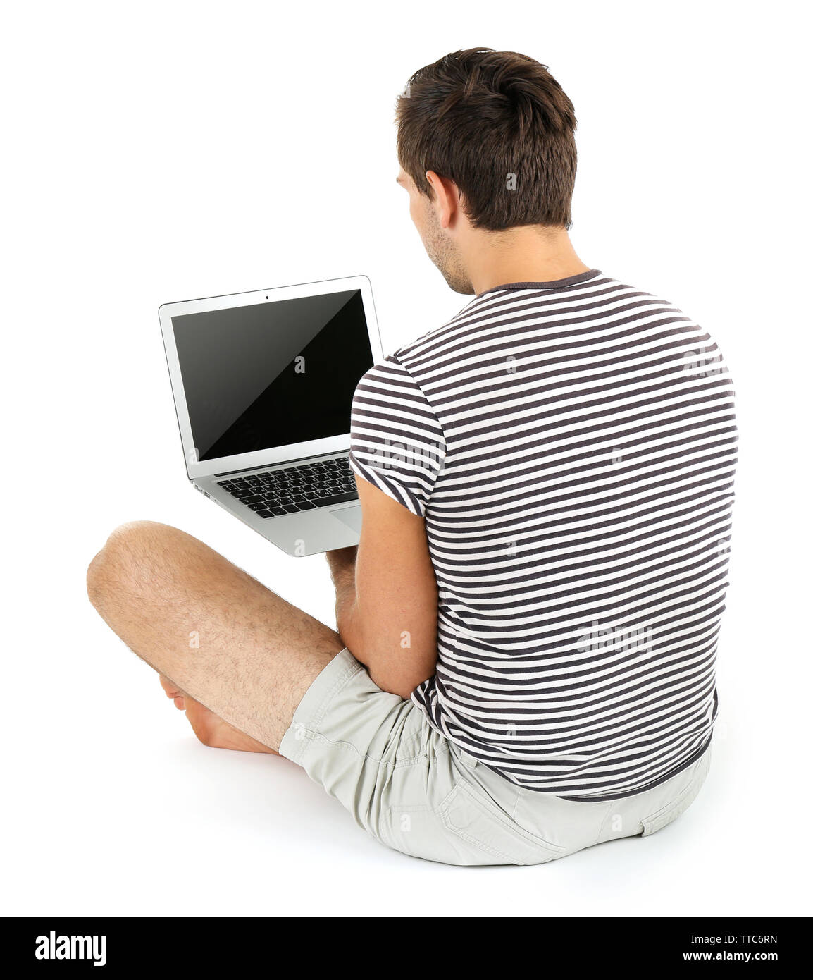 Man with laptop isolated on white, backside view Stock Photo - Alamy