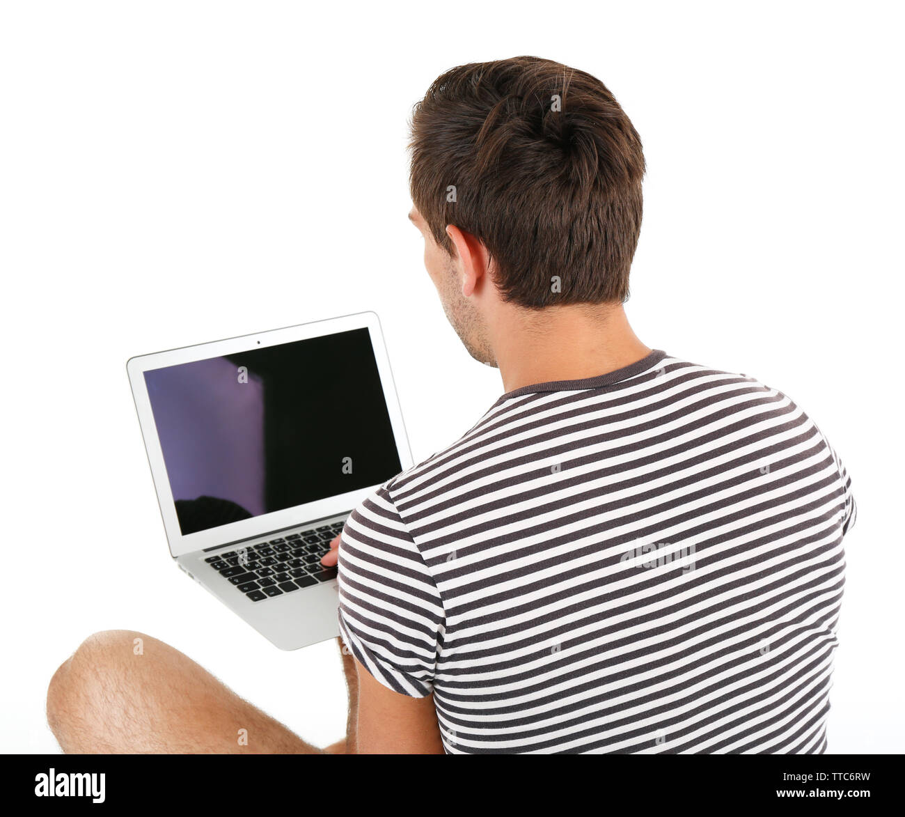 Man with laptop isolated on white, backside view Stock Photo - Alamy