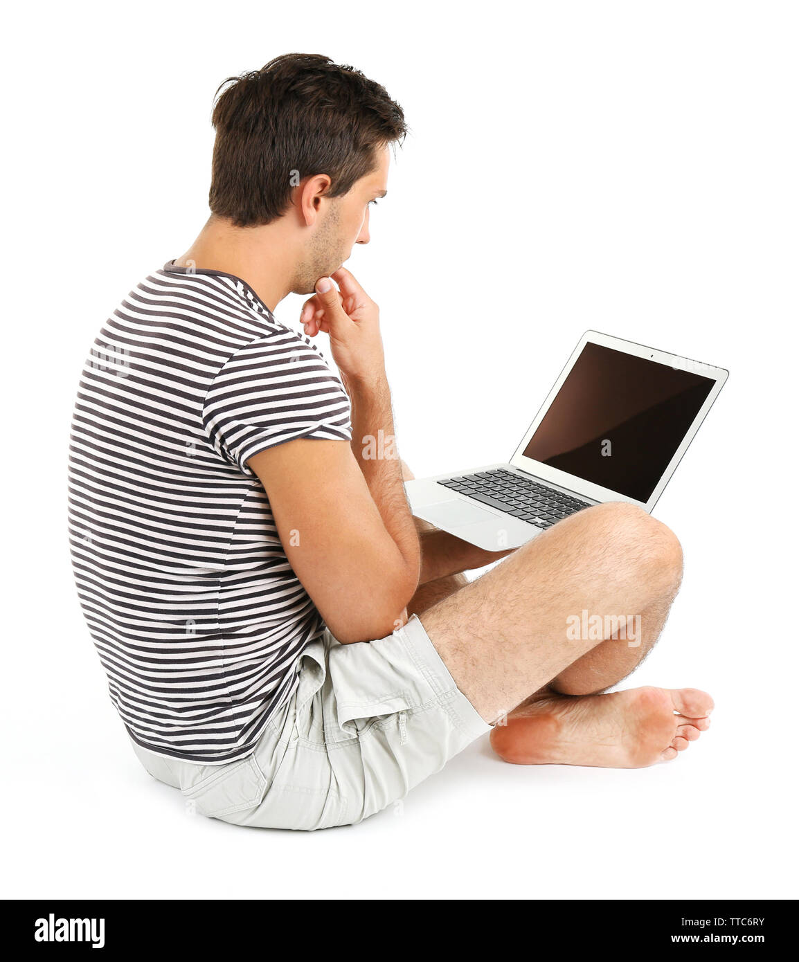 Man with laptop isolated on white, backside view Stock Photo - Alamy