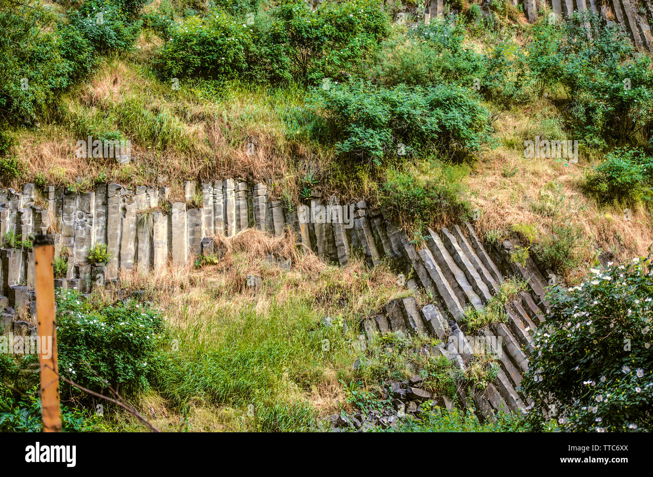 Rock with slope and natural terraces supported by basalt columns ...