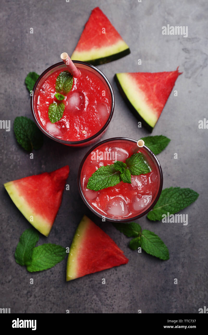 Cold watermelon drinks in glasses, on dark background Stock Photo - Alamy