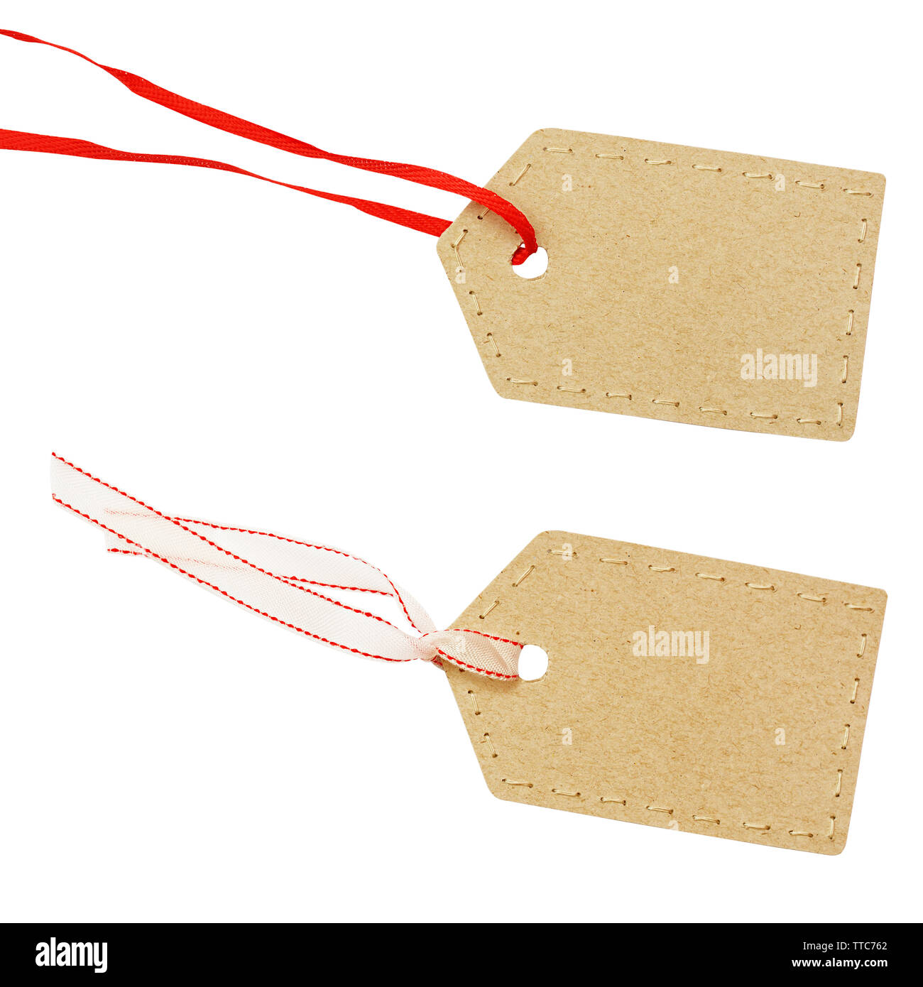 Cardboard labels on red and white ribbons isolated on white Stock Photo ...