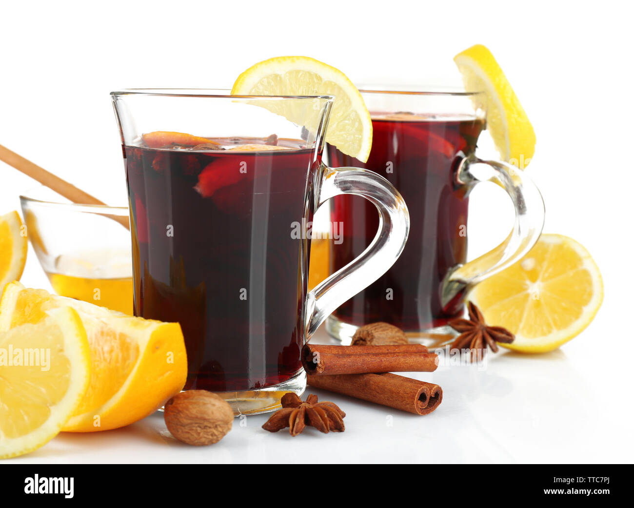 Composition of mulled wine and citrus isolated on white background ...