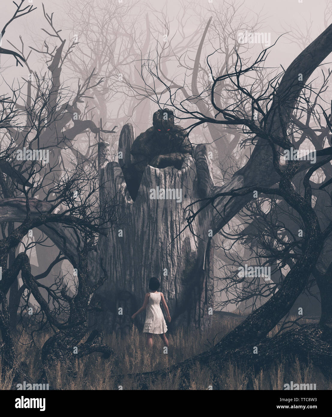 Girl staring at a ghost tree in creepy forest,3d illustration Stock ...