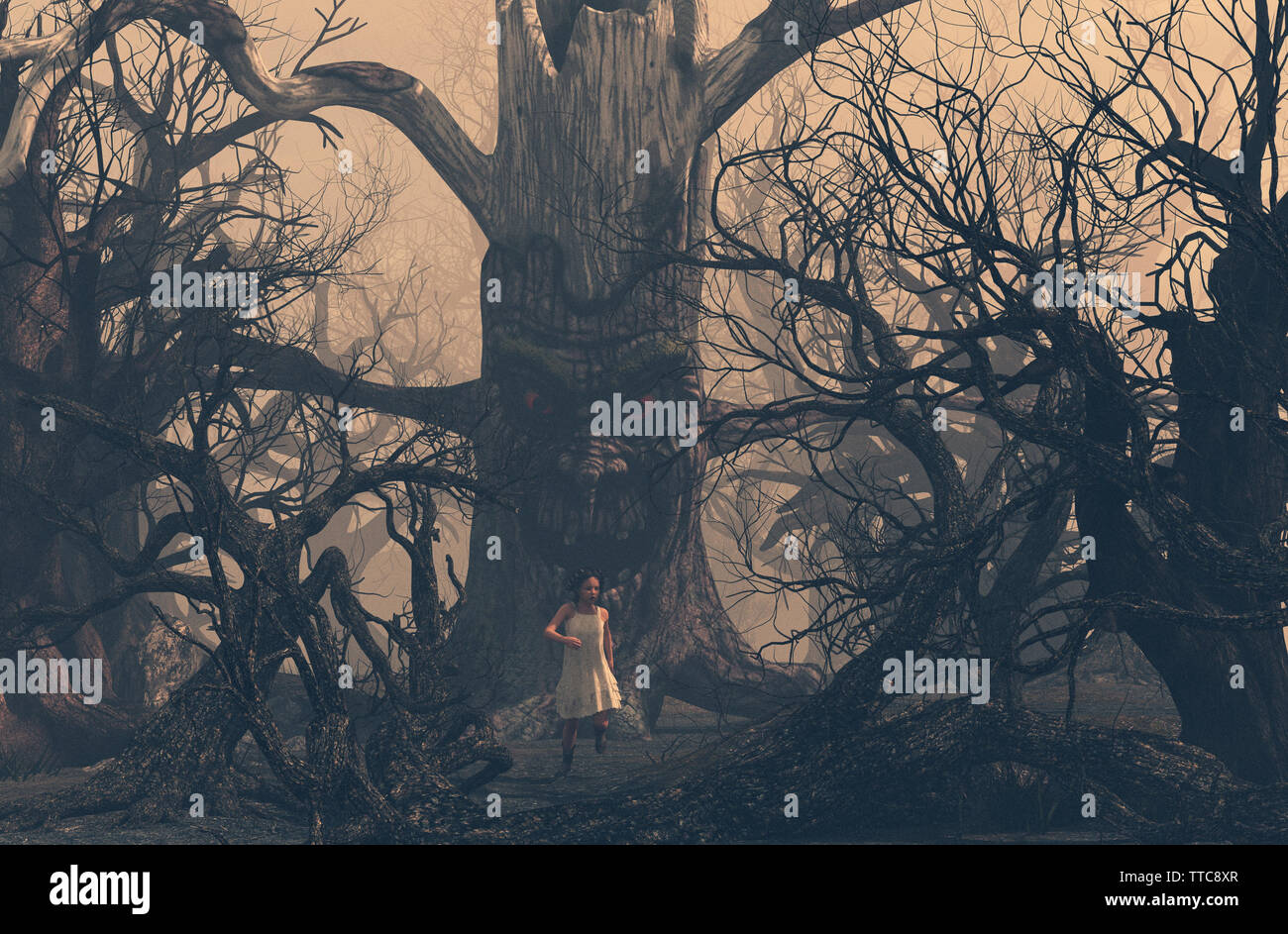 Girl running away from ghost tree in creepy forest,3d illustration ...