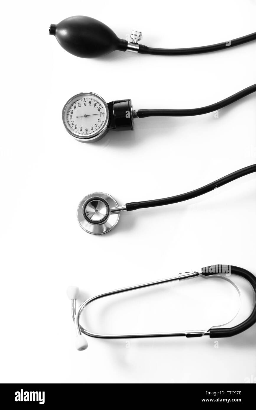 Blood pressure meter and stethoscope, on white background Stock Photo ...