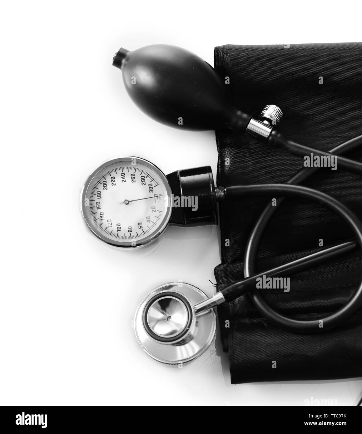 Blood pressure meter and stethoscope, on white background Stock Photo ...