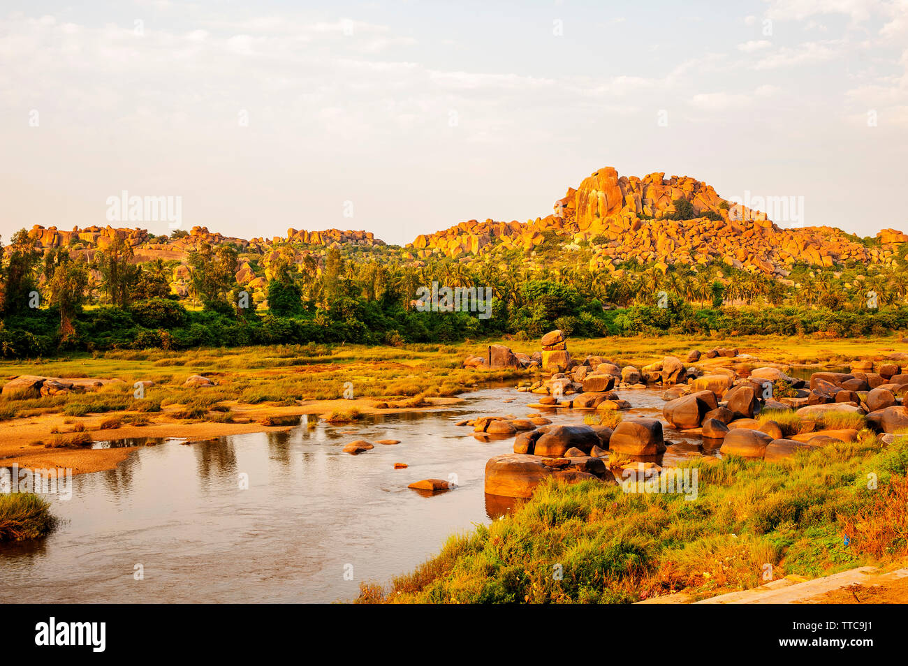Rocky landscape at Tungabhadra River, Hampi, Karnataka, India Stock ...