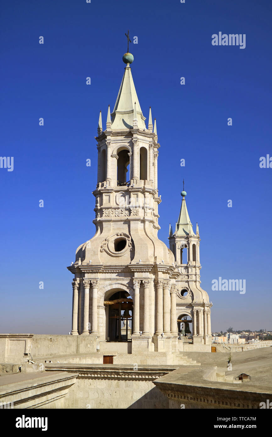Stunning white volcanic stone bell tower of Basilica Cathedral of ...