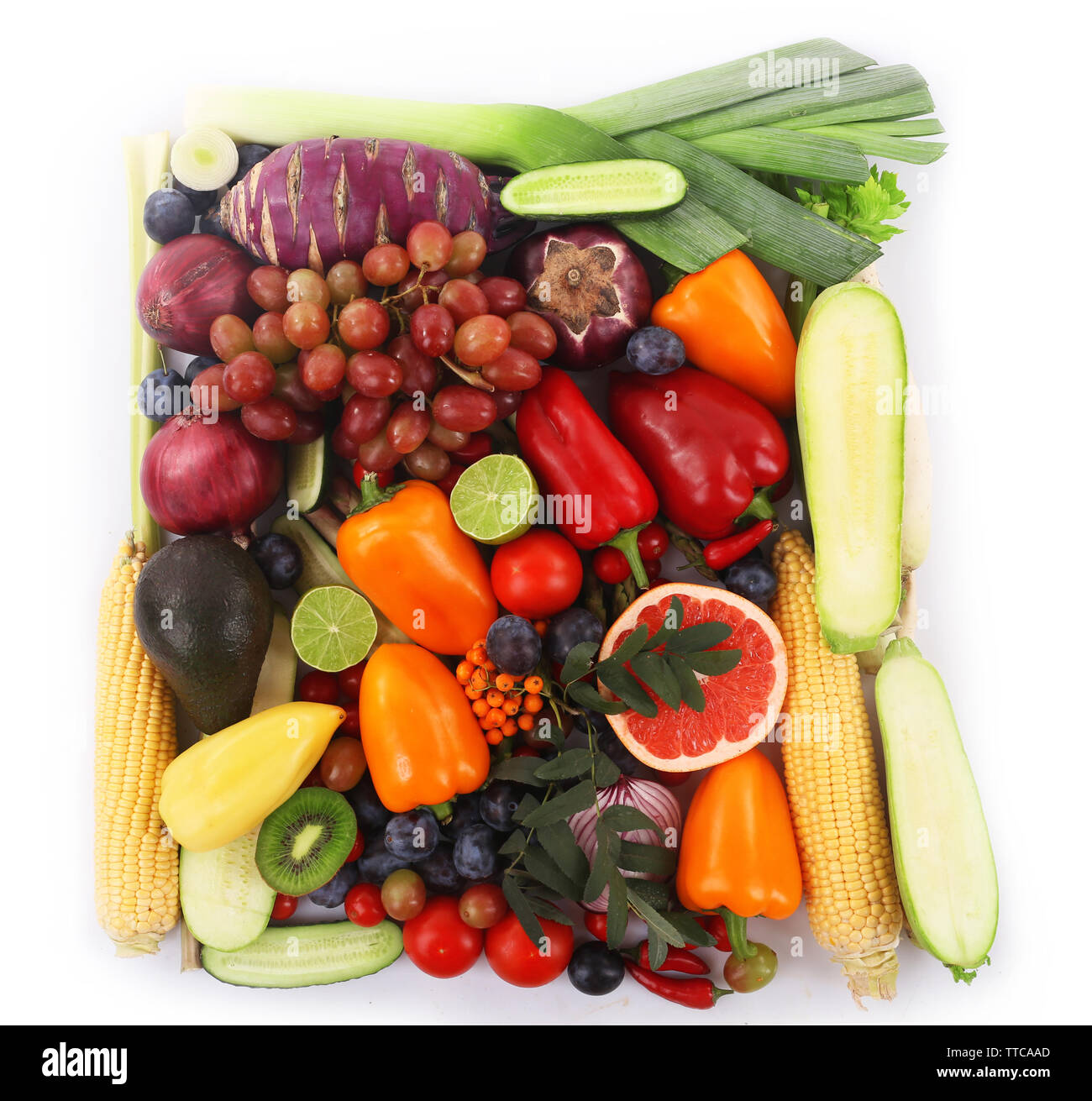 Close-up composition of various raw organic vegetables and fruit ...