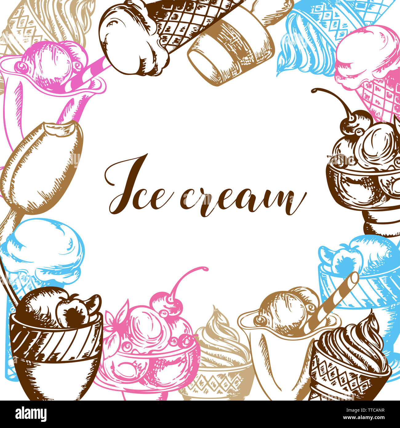 Vintage background with different ice cream. Hand drawn illustration ...