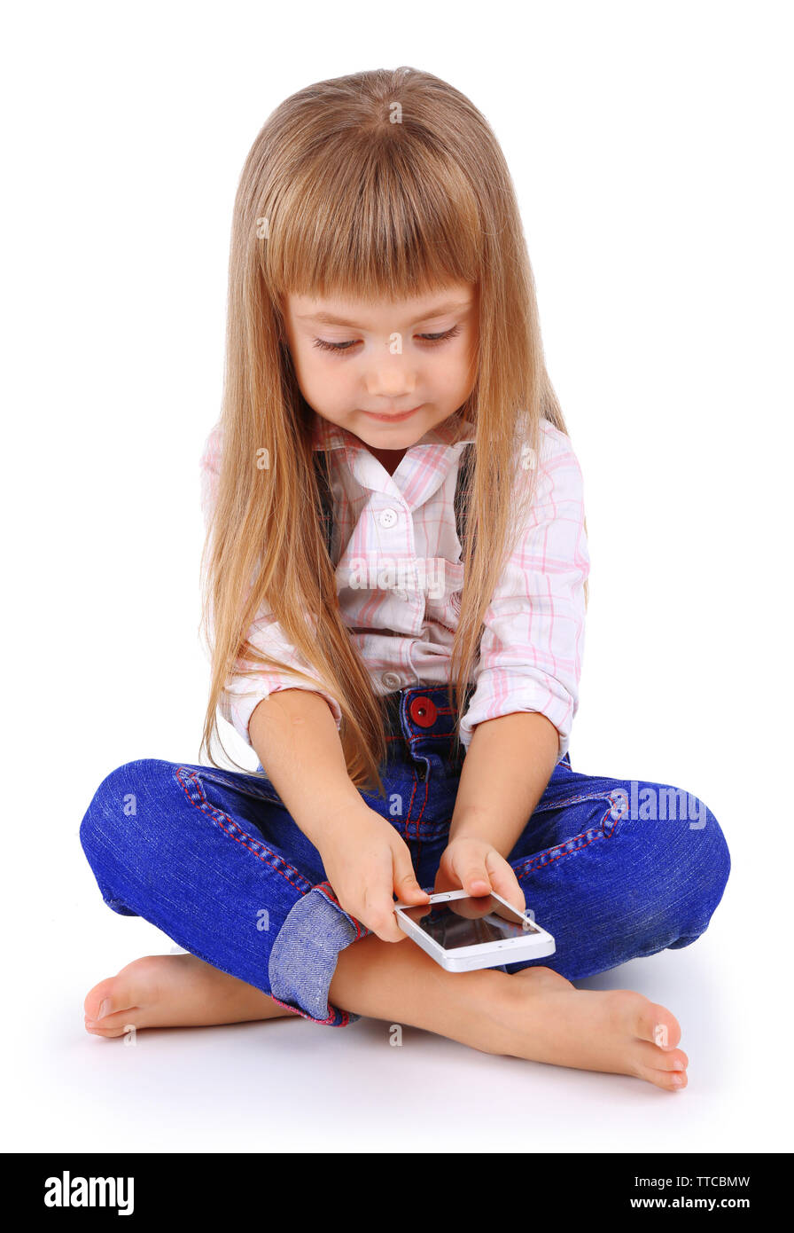 Beautiful little girl with mobile phone, isolated on white Stock Photo ...