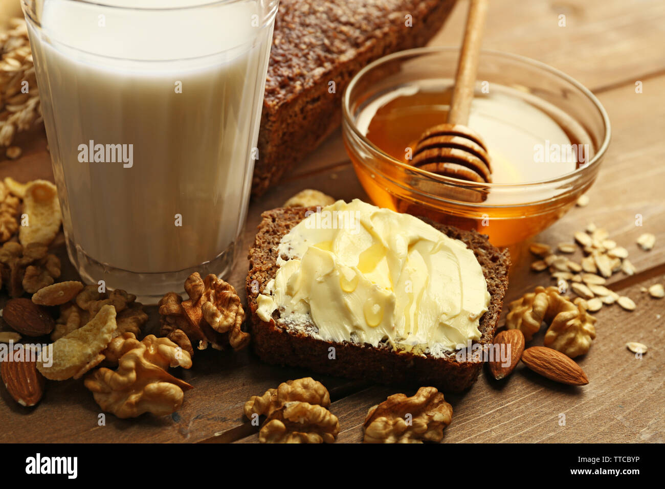 Healthy breakfast with bread, honey, nuts. Country breakfast concept ...