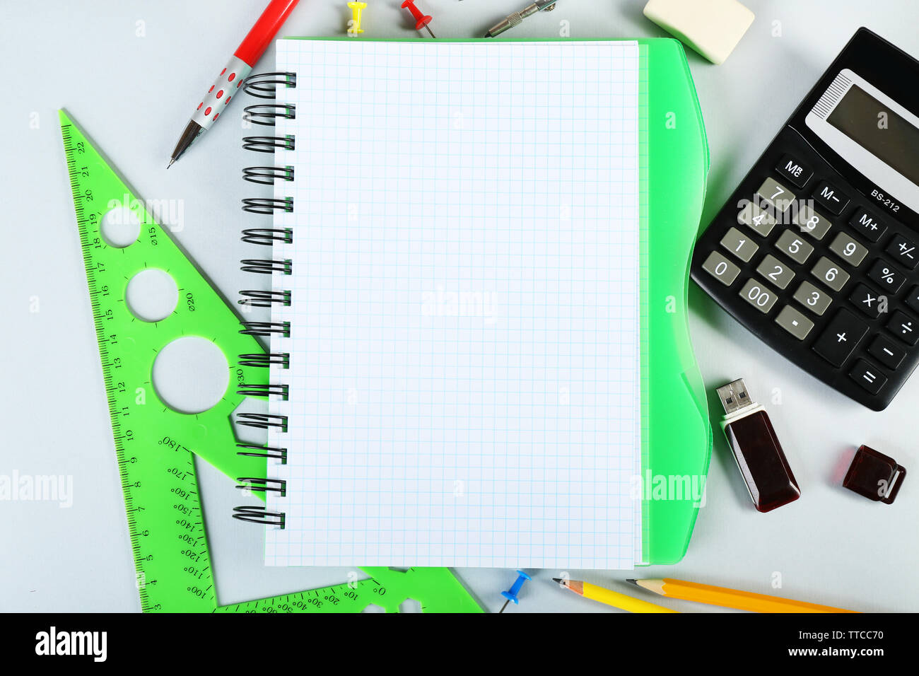 Office and student tools on light background closeup Stock Photo - Alamy